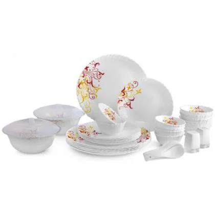 cello Pack of 37 Opalware Dazzle Yellow Scroll 37 Pcs Dinner Set (White ...