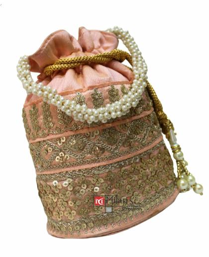 Milan's Creation Handmade Brocade Draw String Potli Bag -Peach - JioMart