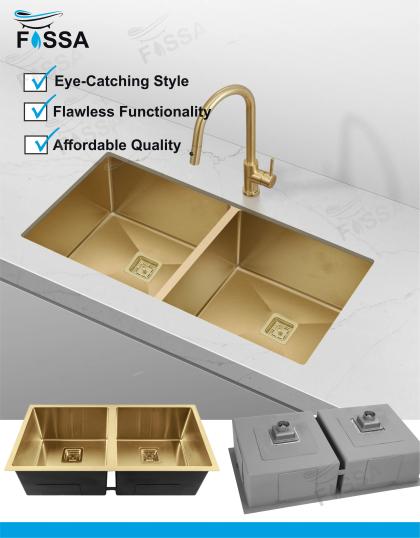 Fossa Handamde Kitchen Sink/Double Bowl/Size 37x18x10 Inch/Gold Colour/FS-8G Vessel Sink - JioMart