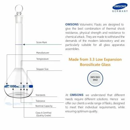 Omsons Glassware| Volumetric Flask | Class B | Capacity 1000ml | Neck ...
