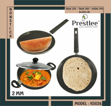Prestlee Wonder 2 MM Flat Tawa 250 + Tawa 280 + Kadai 240 with Glass ...