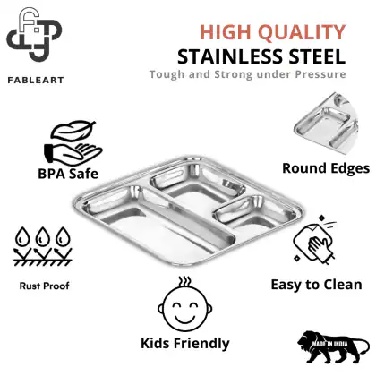 Fableart Heavy Duty Stainless Steel Square Dinner Plate, 3 Sectioned ...