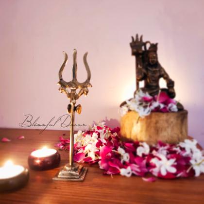 Blissful Decor Brass Trishool with Damru Stand | Trishul with Damru ...