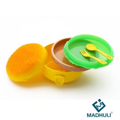 Madhuli Burger Shape Lunch Box with 3 compartments & 2 Spoons Leak ...