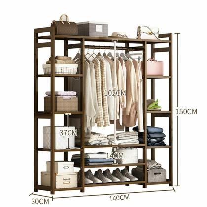 House of Quirk Bamboo Garment Rack with Storage Shelves Clothes Hanging ...