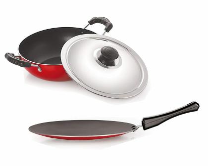 Nirlon Red Aluminum Concave Tawa & Deep Kadhai With Steel Lid, 2.6mm ...