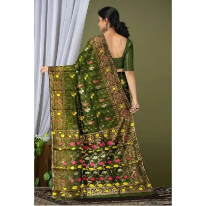 Biswas Handloom Woven Dark Green Pan Pata Dhakai Jamdani Saree - JioMart