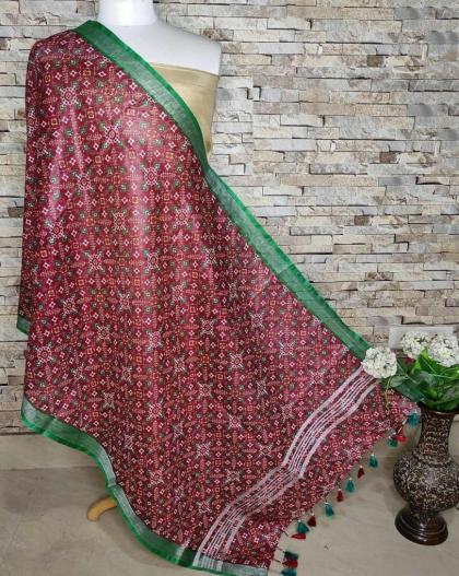 Maroon Patola Design Green Border Digital Print Linen Dupatta - JioMart