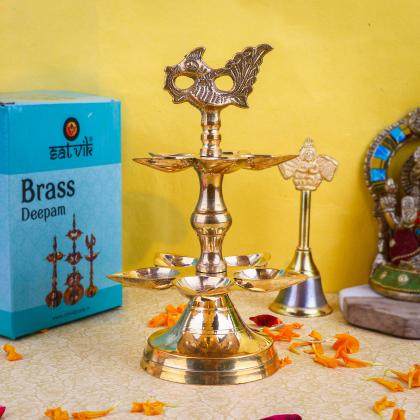 SATVIK 1 Pc Brass Panchmukhi Peacock Kerala Samai Puja Diya Kutthu ...