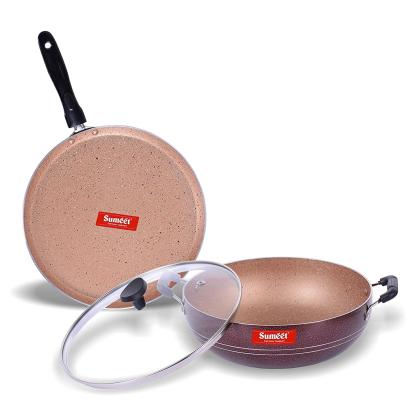Sumeet Peach Aluminium Combo pack of Dosa Tawa, Kadai With Glass Lid ...