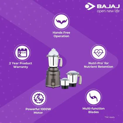 Bajaj Herculo, 1000W Powerful Mixer Grinder with Nutri-Pro Feature, 4 ...