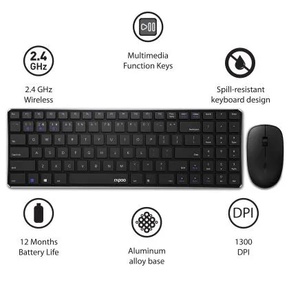 Rapoo 9300M Wireless Keyboard and Mouse Combo, Multidevice connectivity ...