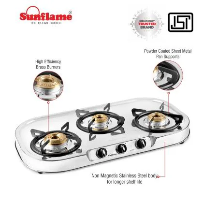 Sunflame Optra Stainless Steel 3 Brass Burner Gas Stove - JioMart