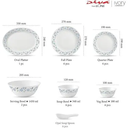 LAOPALA Pack of 33 Opalware Ivory Grace Blue 33 PCs Dinner Set ...