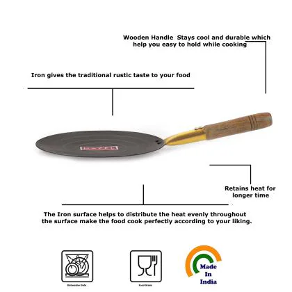 HAZEL Iron Tawa With Wooden Handle Grip Loha Lokhand Pan Concave Tava ...