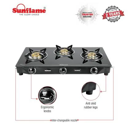 SUNFLAME GT DIAMOND 3B BK 3 Burner Gas Stove with Manual Ignition Black - JioMart