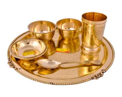 Pure Brass Thali Set | Dinner Set | 6 Pieces (Embossed Flower Eatching ...