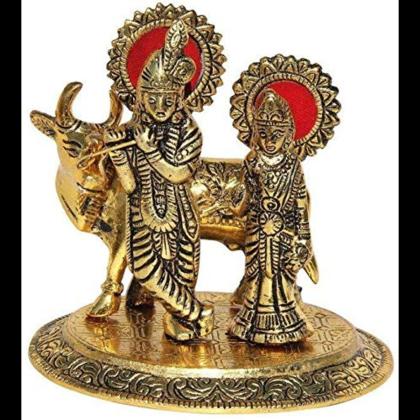 Sv Traders Golden Metal Radha Krishna with Cow Showpiece (Statue) God ...