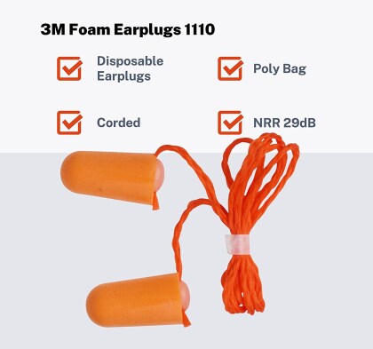 3M 1110 Corded Foam Disposable Ear Plug with ISI Mark (Pack Of 100 ...