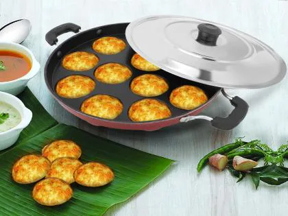 J09 Red Non-Stick 12 Cavity Aluminium Appam Patra with Stainless Steel ...