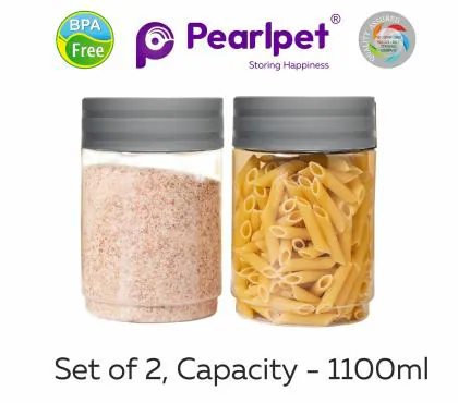 PEARLPET Modedge Plastic Jar Container for Kitchen Storage , Set of 2 Pieces , Grey, 1100 ML ...