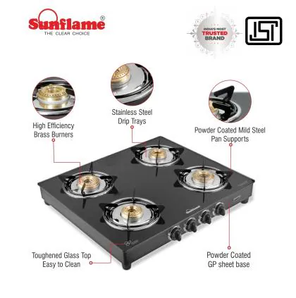 SUNFLAME GT DIAMOND 4B BK 4 Burner Gas Stove with Manual Ignition Black ...
