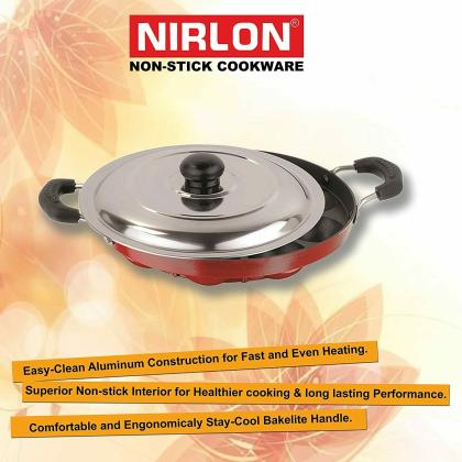 Nirlon Red Aluminium Non-Stick 12 Cavity AppaPatram with Steel Lid 22.5 ...