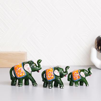 Dinine Craft Handicraft Handmade Set of 3 Green Hathi for Home and ...