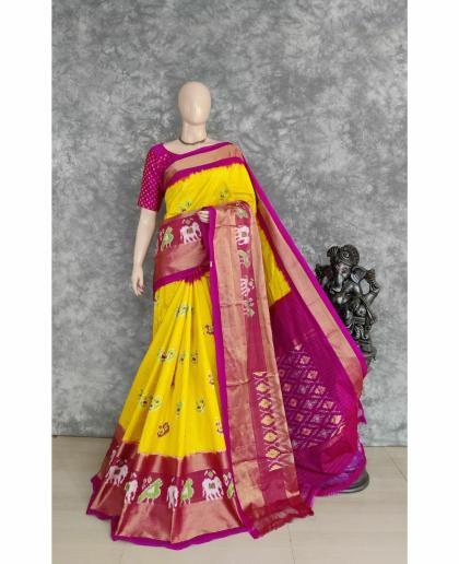 Vikas Handlooms Pochampally ikat pattu silk kaddi border checks saree ...