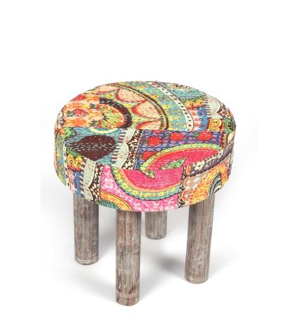 Ikiriya Kingsville Solid Wood Stool in Multi Colour Israel Print Kantha ...