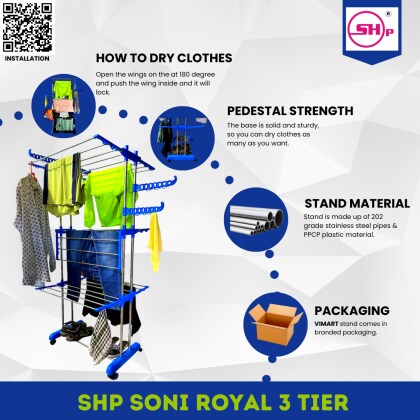 SHP SONI 3 Layer Jumbo Stainless Steel Cloth Dryer Stand (Blue) - JioMart