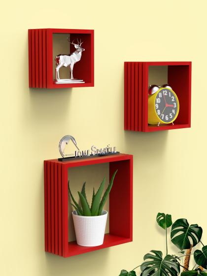 Home Sparkle Red MDF Louvers Design Cube Wall Mounted Floating Shelves ...