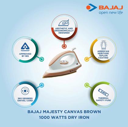 Bajaj MAJESTY CANVAS 1000 W Dry Iron Light Weight & Instant Heat, Brown ...