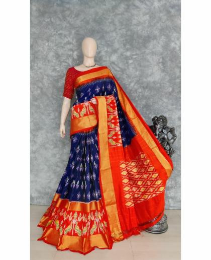 Vikas Handlooms Pochampally ikat pattu silk double kaddi border saree ...