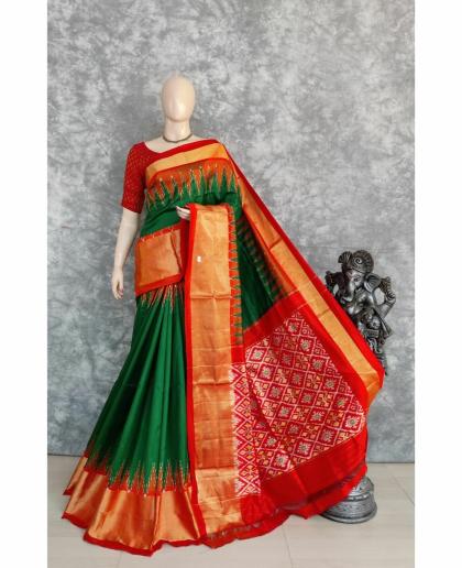 Vikas Handlooms Pochampally ikat pattu silk kaddi border with temple ...