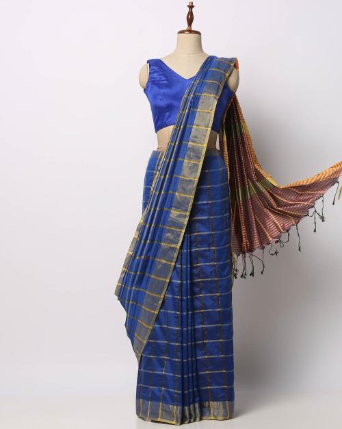 Buy Checked Art Silk Saree with Tassels Online at Best Prices in India ...