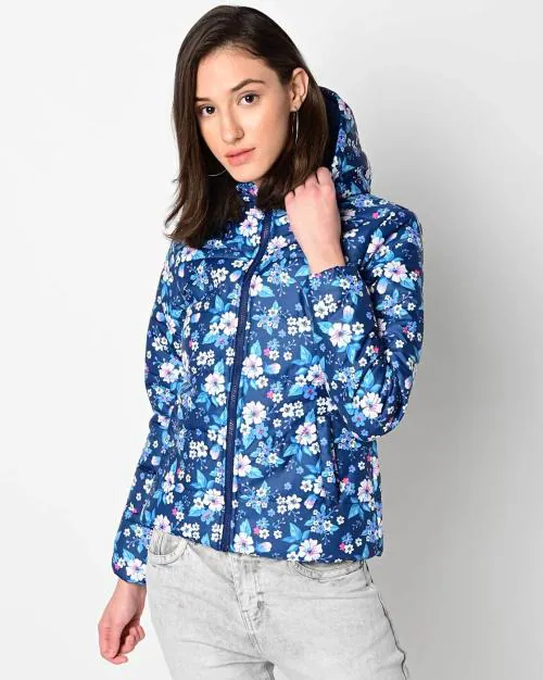 Buy Floral Print Puffer Jacket with Hood Online at Best Prices in India ...