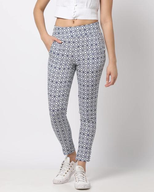 Buy Geometric Print Flat-Front Pants Online at Best Prices in India ...