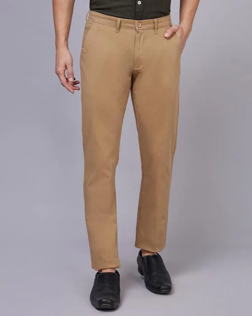 Buy Men Tapered Fit Flat-Front Trousers Online at Best Prices in India ...
