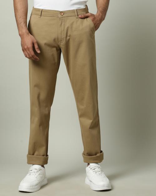 Buy Men Tapered Fit Flat-Front Trousers Online at Best Prices in India ...