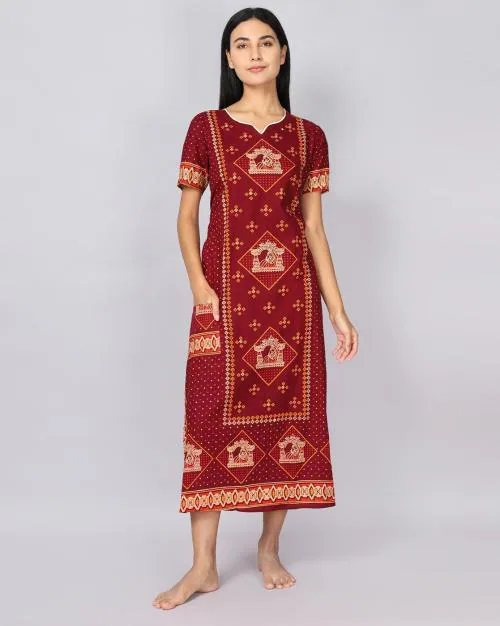 Buy Geometric Print Nightie with Patch Pocket Online at Best Prices in ...