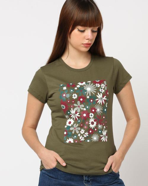 Buy Women Floral Print Regular Fit Crew-Neck T-Shirt Online at Best ...
