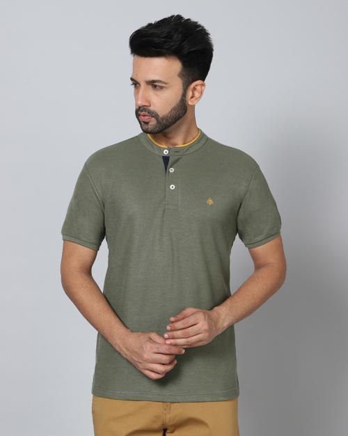 Buy Regular Fit Logo Embroidered Band Collar T-Shirt Online at Best ...