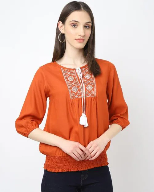 Buy Women Regular Fit Top with Embroidered Yoke Online at Best Prices ...