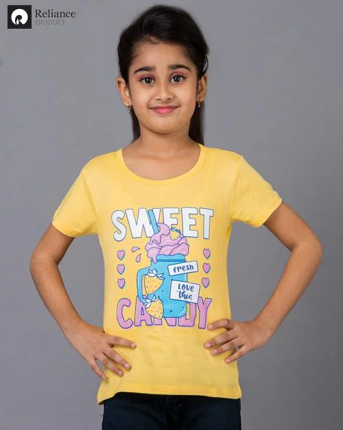 Buy Girls Typographic Print Relaxed Fit Round-Neck T-Shirt Online at ...