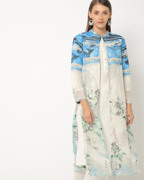 Buy Wishful Printed Layered Straight Kurta with Mandarin Collar Online ...