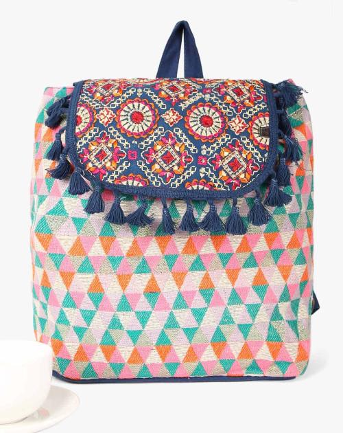 Buy Embroidered Geometric Pattern Backpack with Tassels Online at Best ...
