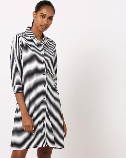 Buy Striped Front-Open Nightdress with Spread Collar Online at Best ...
