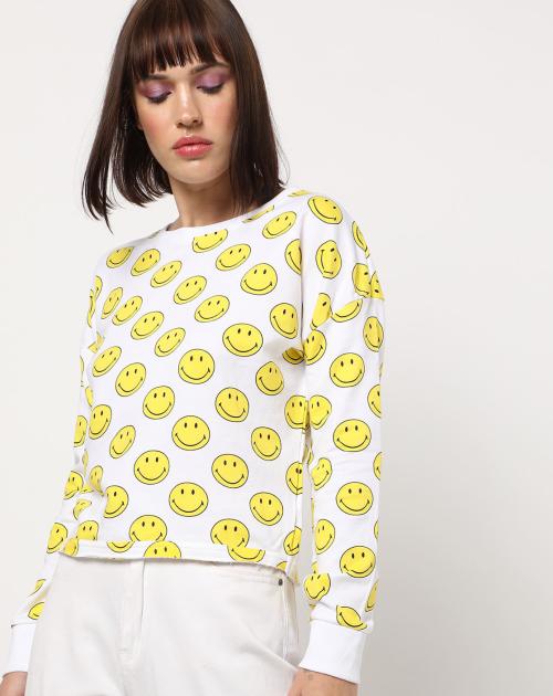 Buy Smiley Print Crew-Neck Sweatshirt with Drop-Shoulder Sleeves Online ...