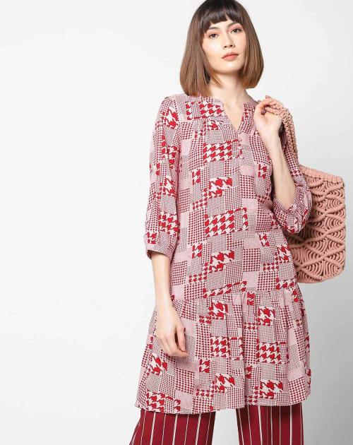 Buy Houndstooth A-line Tunic with Mandarin Collar Online at Best Prices ...